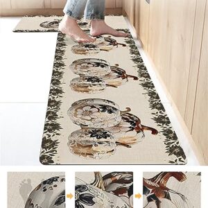 Farmhouse Thanksgiving Bath Mat for Tub,Non Slip Bathroom Floor Runner Rug Quick Dry & Absorbent Diatomaceous Earth Shower Sink Kitchen Washable Doormat,European Pumpkins Gold Floral Leaf 16x24+16x47