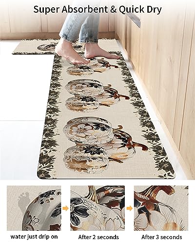 Farmhouse Thanksgiving Bath Mat for Tub,Non Slip Bathroom Floor Runner Rug Quick Dry & Absorbent Diatomaceous Earth Shower Sink Kitchen Washable Doormat,European Pumpkins Gold Floral Leaf 16x24+16x47