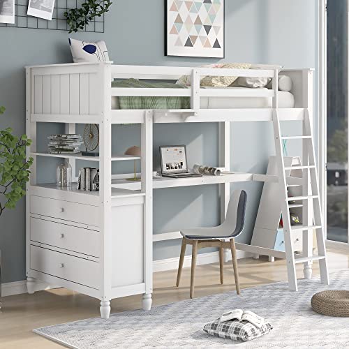 TARTOP Twin Size Loft Bed with Desk and Drawers, Wooden Loft Bed with Storage Shelves for Kids Teens Adults,No Box Spring Needed,White