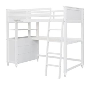 TARTOP Twin Size Loft Bed with Desk and Drawers, Wooden Loft Bed with Storage Shelves for Kids Teens Adults,No Box Spring Needed,White