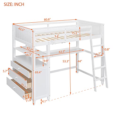 TARTOP Twin Size Loft Bed with Desk and Drawers, Wooden Loft Bed with Storage Shelves for Kids Teens Adults,No Box Spring Needed,White