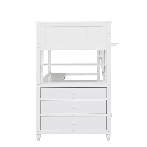 TARTOP Twin Size Loft Bed with Desk and Drawers, Wooden Loft Bed with Storage Shelves for Kids Teens Adults,No Box Spring Needed,White