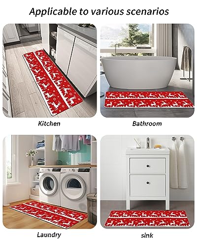 Christmas Deer Bath Mat for Tub,Non Slip Bathroom Floor Runner Rug Quick Dry & Absorbent Diatomaceous Earth Shower Sink Bedroom Kitchen Washable Doormat,Xmas Winter Snowflake Reindeer Red Tree 20"x47"