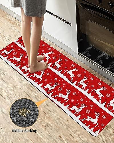 Christmas Deer Bath Mat for Tub,Non Slip Bathroom Floor Runner Rug Quick Dry & Absorbent Diatomaceous Earth Shower Sink Bedroom Kitchen Washable Doormat,Xmas Winter Snowflake Reindeer Red Tree 20"x47"