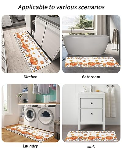 Orange Pumpkin Bath Mat for Tub,Non Slip Bathroom Floor Runner Rug Quick Dry & Absorbent Diatomaceous Earth Shower Sink Bedroom Kitchen Washable Doormat,Thanksgiving Fall Maple Leaves White 20"x47"