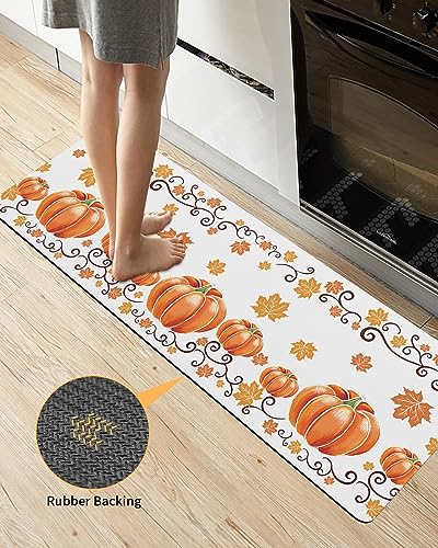 Orange Pumpkin Bath Mat for Tub,Non Slip Bathroom Floor Runner Rug Quick Dry & Absorbent Diatomaceous Earth Shower Sink Bedroom Kitchen Washable Doormat,Thanksgiving Fall Maple Leaves White 20"x47"