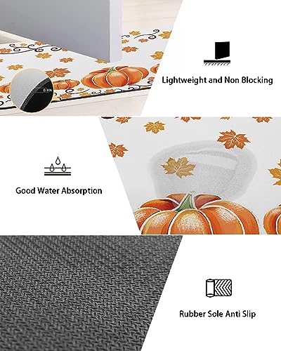 Orange Pumpkin Bath Mat for Tub,Non Slip Bathroom Floor Runner Rug Quick Dry & Absorbent Diatomaceous Earth Shower Sink Bedroom Kitchen Washable Doormat,Thanksgiving Fall Maple Leaves White 20"x47"