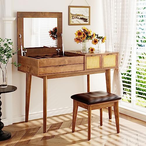 Lerkjstn 43.3" Classic Wood Makeup Vanity Set with Flip-top Mirror and Stool, Dressing Table with Three Drawers and Storage Space (Brown)