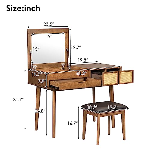 Lerkjstn 43.3" Classic Wood Makeup Vanity Set with Flip-top Mirror and Stool, Dressing Table with Three Drawers and Storage Space (Brown)