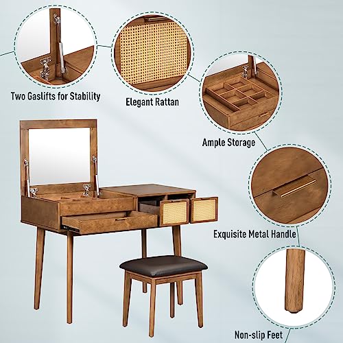 Lerkjstn 43.3" Classic Wood Makeup Vanity Set with Flip-top Mirror and Stool, Dressing Table with Three Drawers and Storage Space (Brown)