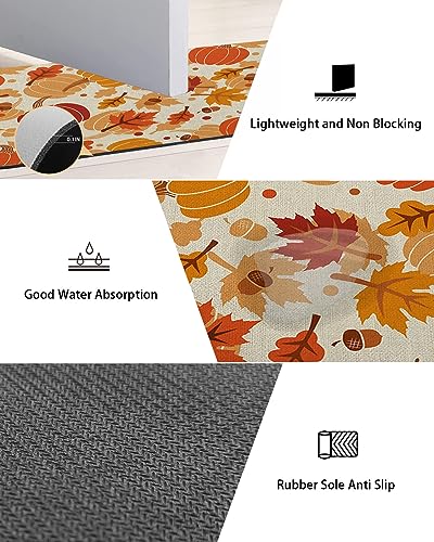 Farm Rustic Pumpkins Bath Mat for Tub,Non Slip Bathroom Floor Runner Rug Quick Dry & Absorbent Diatomaceous Earth Shower Sink Bedroom Kitchen Washable Doormat,Thanksgiving Autumn Maple Leaves 16"x47"