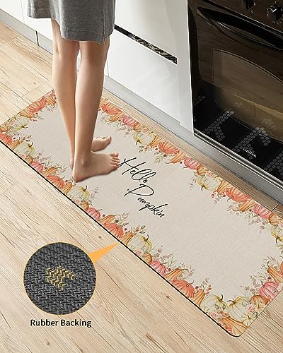 Elegant Flower Pumpkins Bath Mat for Tub,Non Slip Bathroom Floor Runner Rug Quick Dry & Absorbent Diatomaceous Earth Shower Sink Kitchen Washable Doormat,Fall Aesthetic Eucalyptus Leaves 20"x47"