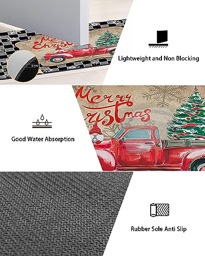 Christmas Bath Mat for Tub,Non Slip Bathroom Floor Runner Rug Quick Dry & Absorbent Diatomaceous Earth Shower Sink Bedroom Kitchen Washable Doormat,Red Truck Snow Tree Black Checkered 16x24+16x47