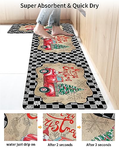 Christmas Bath Mat for Tub,Non Slip Bathroom Floor Runner Rug Quick Dry & Absorbent Diatomaceous Earth Shower Sink Bedroom Kitchen Washable Doormat,Red Truck Snow Tree Black Checkered 16x24+16x47