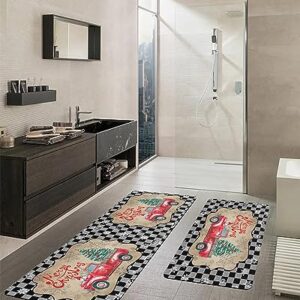 Christmas Bath Mat for Tub,Non Slip Bathroom Floor Runner Rug Quick Dry & Absorbent Diatomaceous Earth Shower Sink Bedroom Kitchen Washable Doormat,Red Truck Snow Tree Black Checkered 16x24+16x47