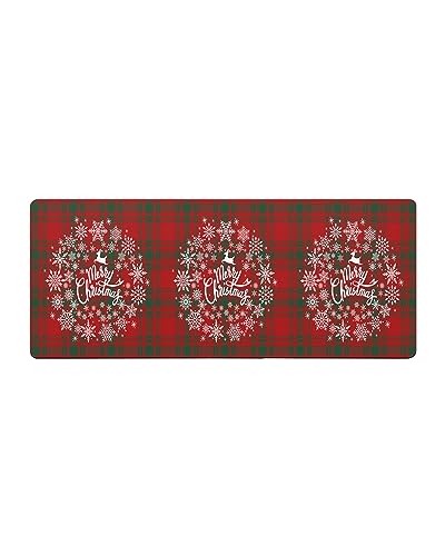 Snowflake Bath Mat for Tub,Non Slip Bathroom Floor Runner Rug Quick Dry & Absorbent Diatomaceous Earth Shower Sink Bedroom Kitchen Washable Doormat,Red Christmas Elk Xmas Plaid Rustic 20"x47"