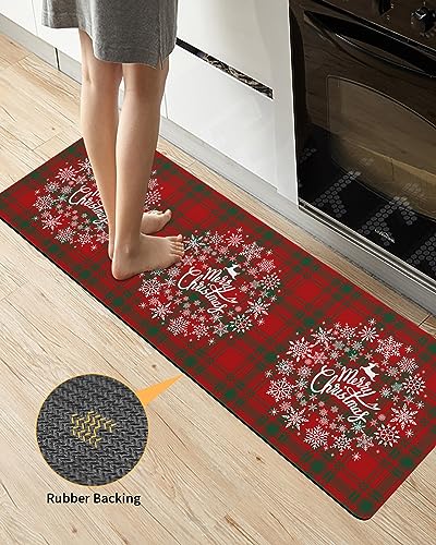 Snowflake Bath Mat for Tub,Non Slip Bathroom Floor Runner Rug Quick Dry & Absorbent Diatomaceous Earth Shower Sink Bedroom Kitchen Washable Doormat,Red Christmas Elk Xmas Plaid Rustic 20"x47"