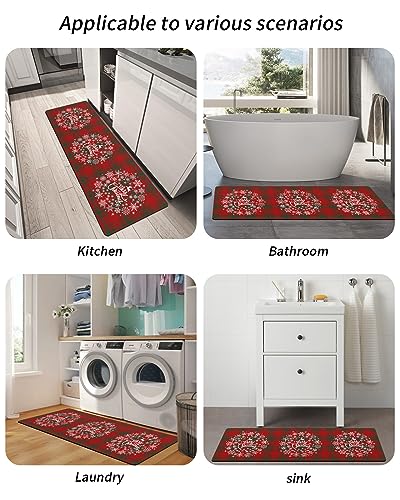 Snowflake Bath Mat for Tub,Non Slip Bathroom Floor Runner Rug Quick Dry & Absorbent Diatomaceous Earth Shower Sink Bedroom Kitchen Washable Doormat,Red Christmas Elk Xmas Plaid Rustic 20"x47"