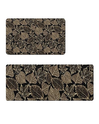 Thanksgiving Fall Bath Mat for Tub,Non Slip Bathroom Floor Runner Rug Quick Dry & Absorbent Diatomaceous Earth Shower Sink Kitchen Washable Doormat,Gold Autumn Maple Leaves Black Backdrop 16x24+16x47