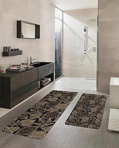 Thanksgiving Fall Bath Mat for Tub,Non Slip Bathroom Floor Runner Rug Quick Dry & Absorbent Diatomaceous Earth Shower Sink Kitchen Washable Doormat,Gold Autumn Maple Leaves Black Backdrop 16x24+16x47