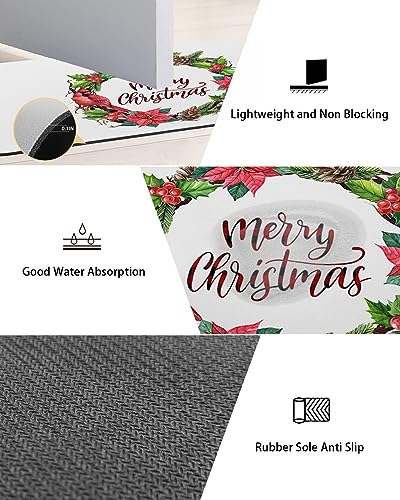 Merry Christmas Bath Mat for Tub,Non Slip Bathroom Floor Runner Rug Quick Dry & Absorbent Diatomaceous Earth Shower Sink Bedroom Kitchen Washable Doormat,Winter Poinsettia Holly Pine Berries 18"x47"