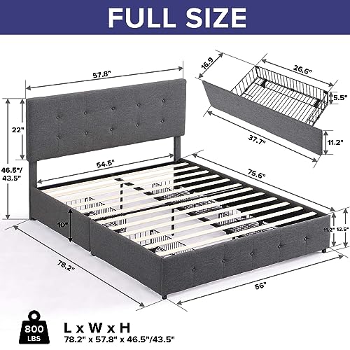 Full Size Linen Upholstered Platform Bed Frame with 4 Storage Drawers and Adjustable Button Headboard, Modern Soft Tufted Bed for Boys Girls Adults, Wooden Slats Support, No Box Spring Needed (Full)