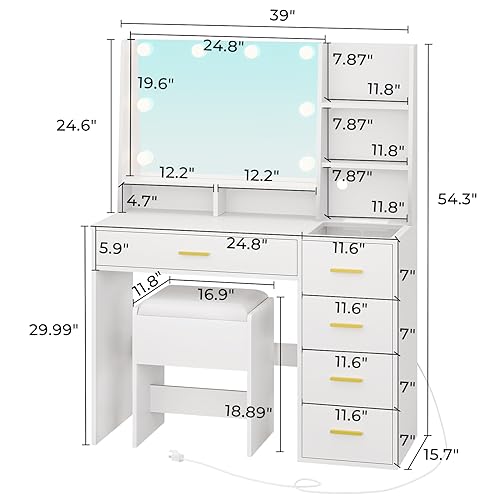 AOGLLATI Makeup Vanity Set with Lights & Charging Station, Vanity Desk with Mirror and Lights, White Makeup Desk with Cushioned Stool, Visible Drawers, Jewelry Organizers, Open Storage Shelves