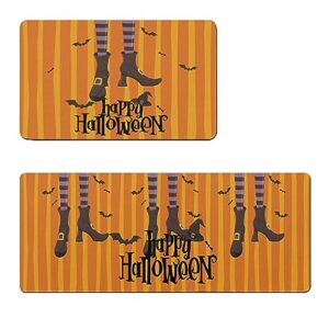 Halloween Bath Mat for Tub,Non Slip Bathroom Floor Runner Rug Quick Dry & Absorbent Diatomaceous Earth Shower Sink Kitchen Washable Doormat,Witches Boot Bats Orange Geometry Stripes 18x30+18x60