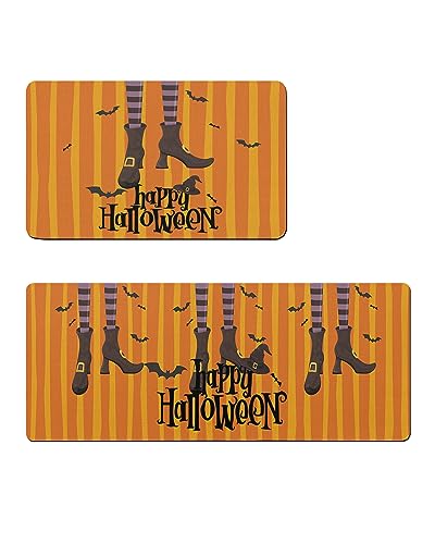 Halloween Bath Mat for Tub,Non Slip Bathroom Floor Runner Rug Quick Dry & Absorbent Diatomaceous Earth Shower Sink Kitchen Washable Doormat,Witches Boot Bats Orange Geometry Stripes 18x30+18x60