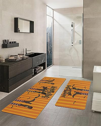 Halloween Bath Mat for Tub,Non Slip Bathroom Floor Runner Rug Quick Dry & Absorbent Diatomaceous Earth Shower Sink Kitchen Washable Doormat,Witches Boot Bats Orange Geometry Stripes 18x30+18x60