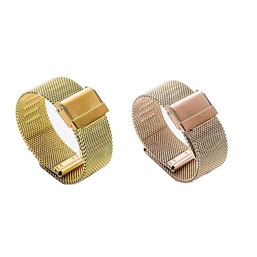 QIANMENG 2pcs SmartWatch Watch Bands, 10-22MM Milanese Mesh Woven Metal Watch Strap Quick Release Replacement Band With Connecting Pin (Color : Gold+Rose Gold, Size : 14MM)