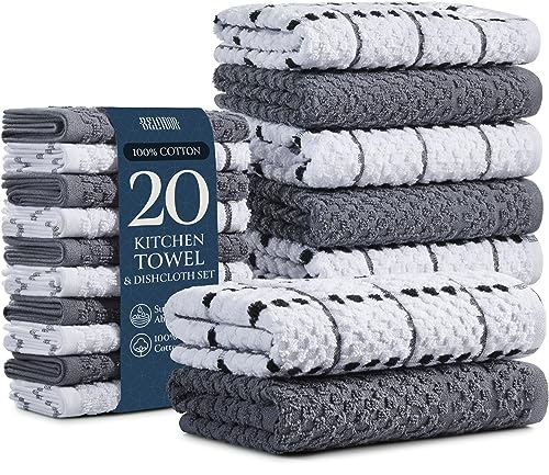 20-Piece Kitchen Towels And Dishcloths Sets - 100% Cotton Terry Dish Towels For Kitchen - Absorbent & Quick Drying Hand Towels- Super Soft & Scretch Free - 10 Towels 15"x25" + 10 Dish Cloths 12"x12"