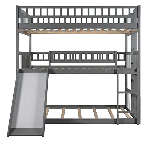 DEYOBED Full Over Full Over Full Wooden Triple Bed Bunk Bed with Slide and Ladders - Ultimate Sleep and Play Solution for Kids, Teens, Adults