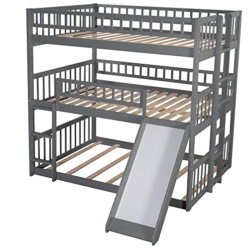 DEYOBED Full Over Full Over Full Wooden Triple Bed Bunk Bed with Slide and Ladders - Ultimate Sleep and Play Solution for Kids, Teens, Adults