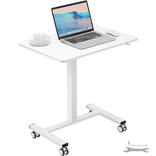 VEVOR 28"-44" Gas-Spring Height Adjustable Sit-Stand Desk 4 360° Swivel Wheels (2 Lockable) Portable Rolling Laptop Table Computer Cart for Home Office School, 40LBS Loading, 27.1 x 18.9 inch, White