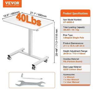 VEVOR 28"-44" Gas-Spring Height Adjustable Sit-Stand Desk 4 360° Swivel Wheels (2 Lockable) Portable Rolling Laptop Table Computer Cart for Home Office School, 40LBS Loading, 27.1 x 18.9 inch, White