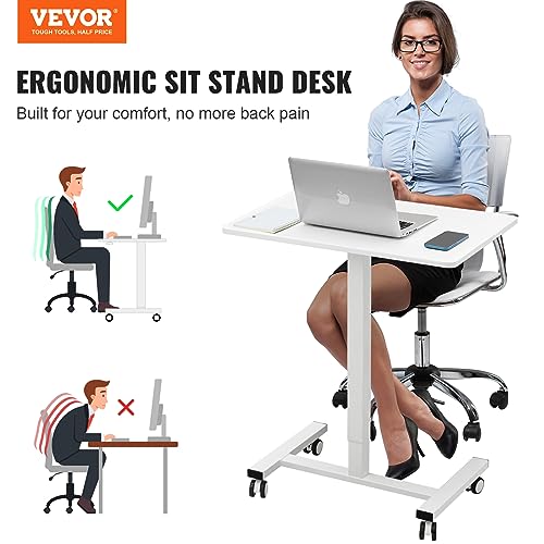 VEVOR 28"-44" Gas-Spring Height Adjustable Sit-Stand Desk 4 360° Swivel Wheels (2 Lockable) Portable Rolling Laptop Table Computer Cart for Home Office School, 40LBS Loading, 27.1 x 18.9 inch, White