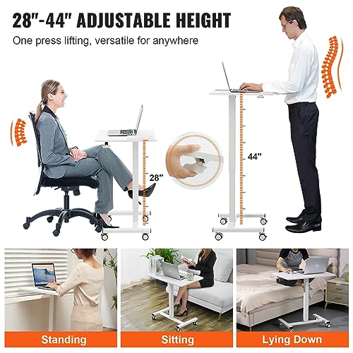 VEVOR 28"-44" Gas-Spring Height Adjustable Sit-Stand Desk 4 360° Swivel Wheels (2 Lockable) Portable Rolling Laptop Table Computer Cart for Home Office School, 40LBS Loading, 27.1 x 18.9 inch, White