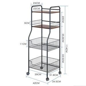 POCHY Multipurpose Kitchen Storage Wagon Rolling Grocery Cart with Metal Mesh Drawers，Wooden Countertop Pulley Storage Trolley Home Office Shelves Black