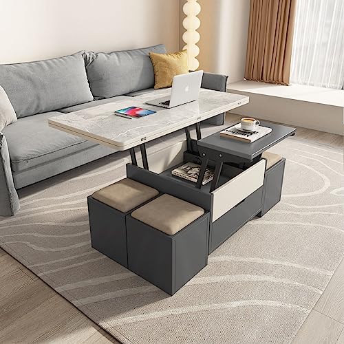 GlimBiz Modern Double Lift Top Adjustable Coffee Table with 4 Storage Stools for Living Room, Multifunctional Movable Extendable Dining Center Table for Small Spaces,Dark Gray(47.24")