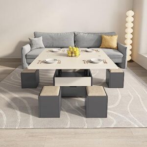 GlimBiz Modern Double Lift Top Adjustable Coffee Table with 4 Storage Stools for Living Room, Multifunctional Movable Extendable Dining Center Table for Small Spaces,Dark Gray(47.24")