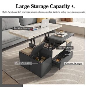 GlimBiz Modern Double Lift Top Adjustable Coffee Table with 4 Storage Stools for Living Room, Multifunctional Movable Extendable Dining Center Table for Small Spaces,Dark Gray(47.24")