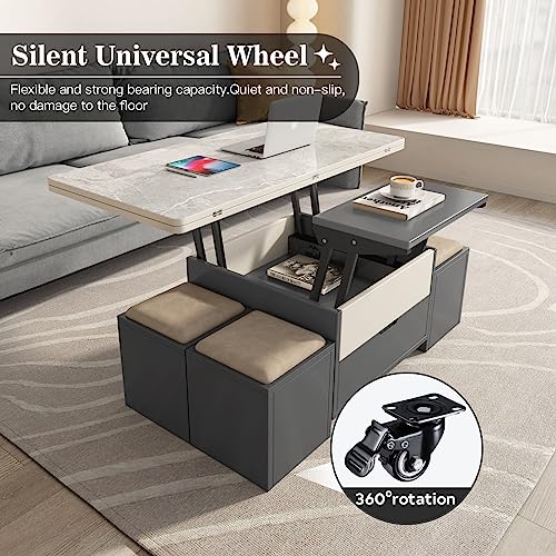 GlimBiz Modern Double Lift Top Adjustable Coffee Table with 4 Storage Stools for Living Room, Multifunctional Movable Extendable Dining Center Table for Small Spaces,Dark Gray(47.24")