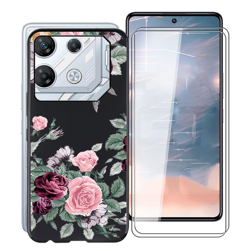 KJYFOANI for Infinix GT 10 Pro Case, with [ 2 x Tempered Glass Protective Film], Black Soft Silicone Protection Sleeves Shockproof Bumper Case for Infinix GT 10 Pro (6.67") - Rose Flower