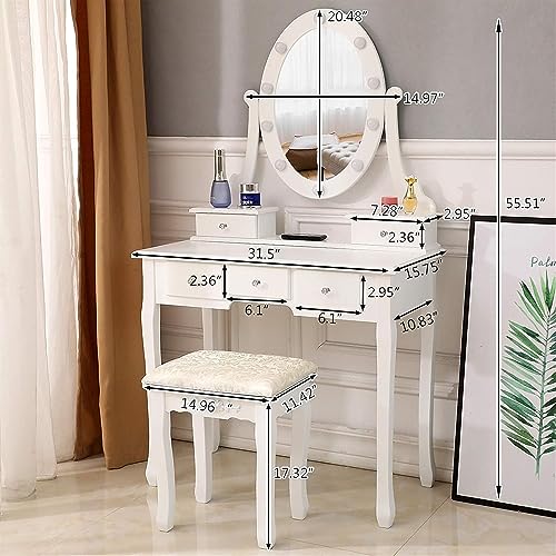 Lucakuins Small Vanity, White Vanity Desk with Mirror and Lights, Makeup Vanity with Lights,Vanity Mirror with Lights Desk and Chair, Vanity Set