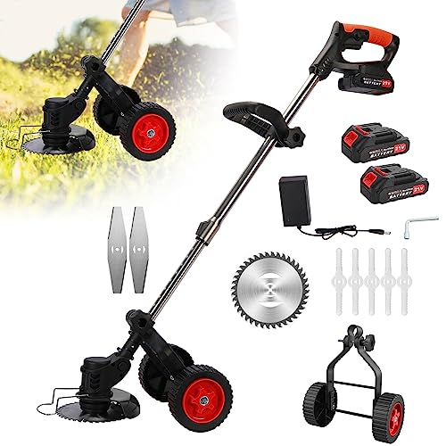 BESUFY Electric Lawn Mower, 21V 2000mAh Cordless Electric Grass Trimmer, 3 in 1 Brush Cutter Cordless Grass Trimmer, Electric Lawn Mower with 1 Round Blade 2 Stainless Steel Blades 5 Plastic Blades