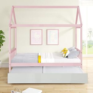 Prohon Twin Size Platform Bed with Trundle & Headboard, House Bed with Roof Design, Wooden Bed Frame Strong Slats Support, Bedframe for Kids Teen Adults, No Box Spring Needed, Pink