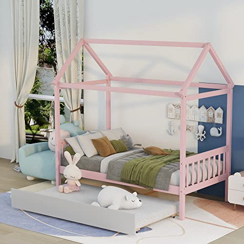 Prohon Twin Size Platform Bed with Trundle & Headboard, House Bed with Roof Design, Wooden Bed Frame Strong Slats Support, Bedframe for Kids Teen Adults, No Box Spring Needed, Pink