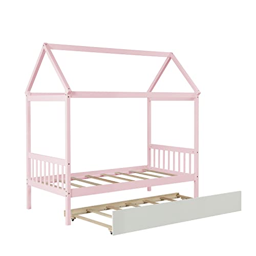 Prohon Twin Size Platform Bed with Trundle & Headboard, House Bed with Roof Design, Wooden Bed Frame Strong Slats Support, Bedframe for Kids Teen Adults, No Box Spring Needed, Pink