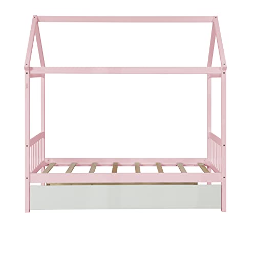 Prohon Twin Size Platform Bed with Trundle & Headboard, House Bed with Roof Design, Wooden Bed Frame Strong Slats Support, Bedframe for Kids Teen Adults, No Box Spring Needed, Pink